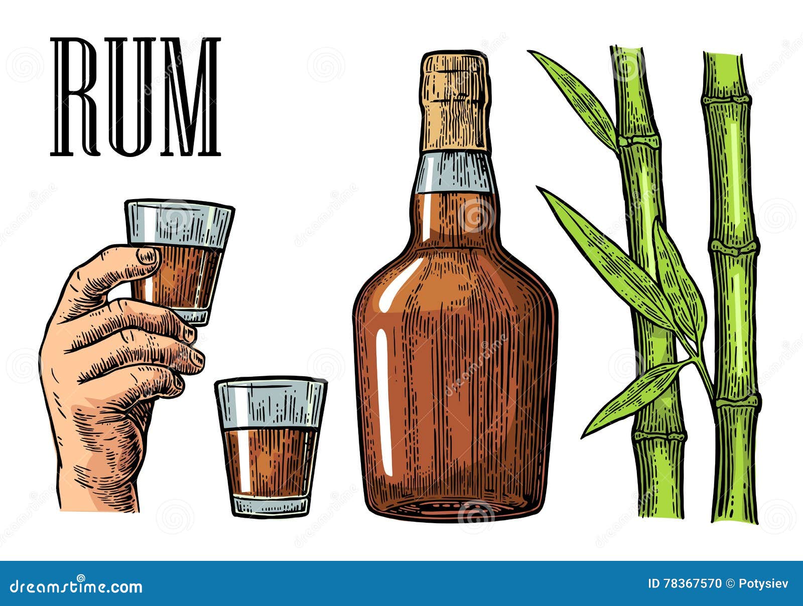 Vidrio Y Botella De Ron Con La Caña De Azúcar Ilustración del Vector ...