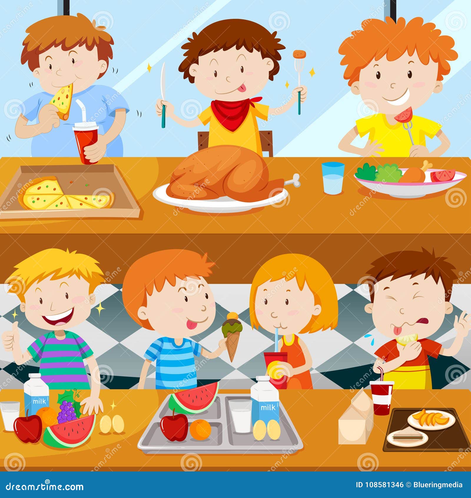 Viele Kinder, Die in Der Kantine Essen Vektor Abbildung - Illustration ...
