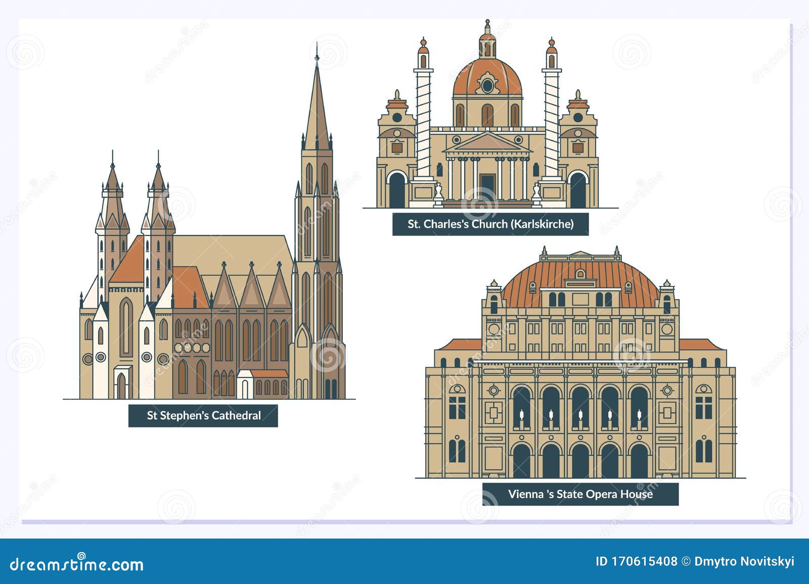 Vienna Landmarks and Monuments Isolated on White Background in Editable ...