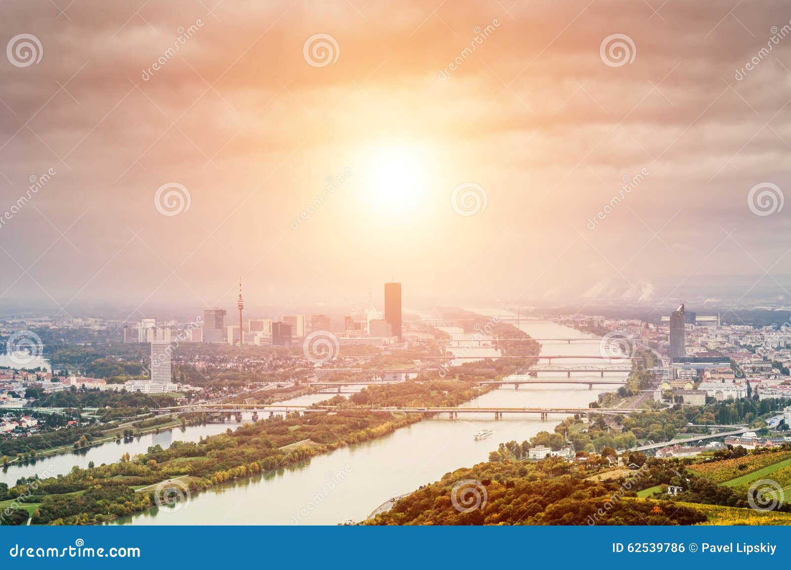 Vienna Landscape with Danube River Stock Photo - Image of water ...
