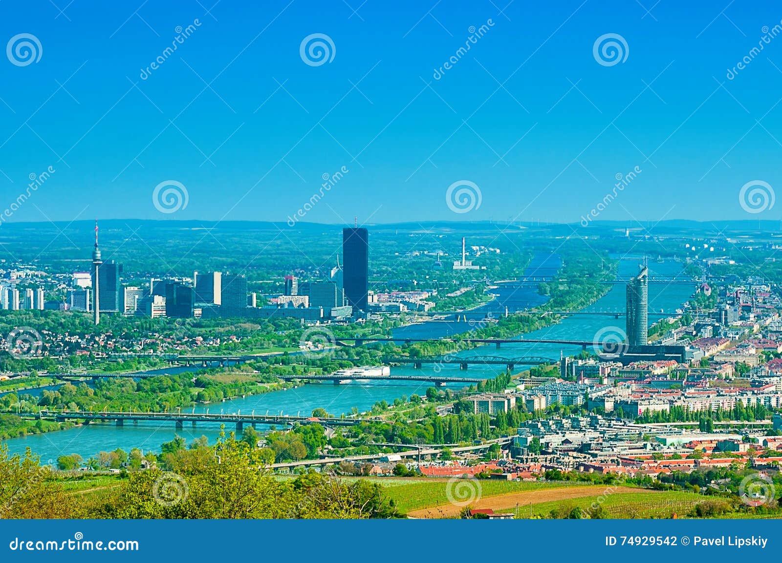 Vienna Landscape with Danube River Stock Photo - Image of view, tourism ...