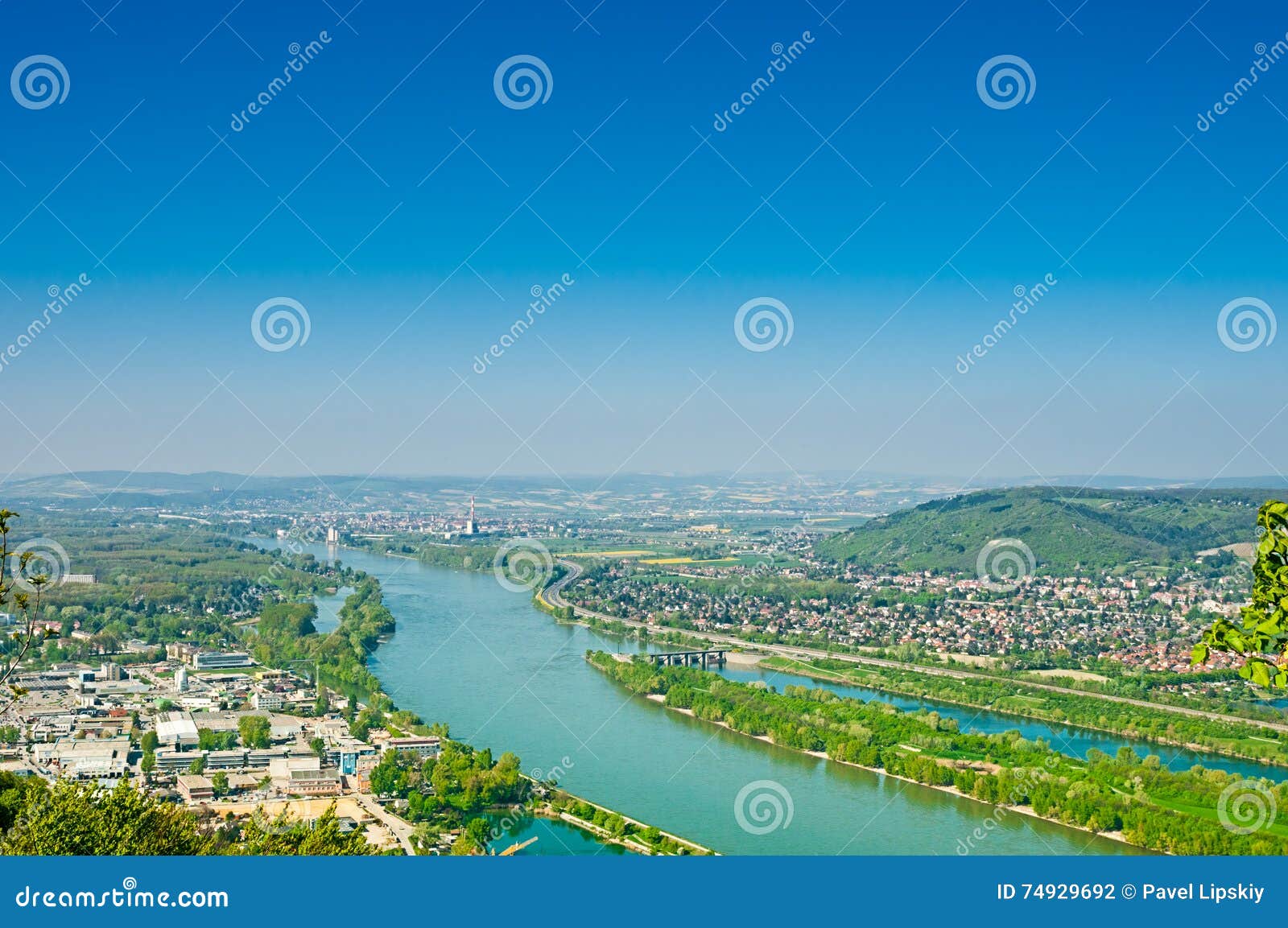 Vienna Landscape with Danube River Stock Photo - Image of panorama ...