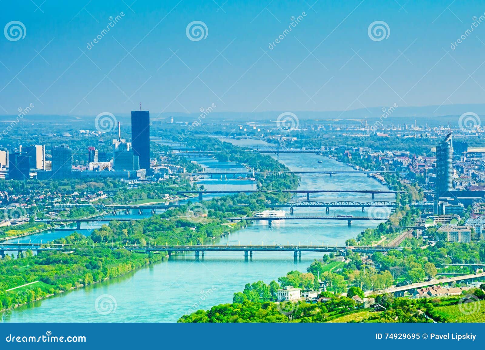 Vienna Landscape with Danube River Stock Image - Image of blue, river ...