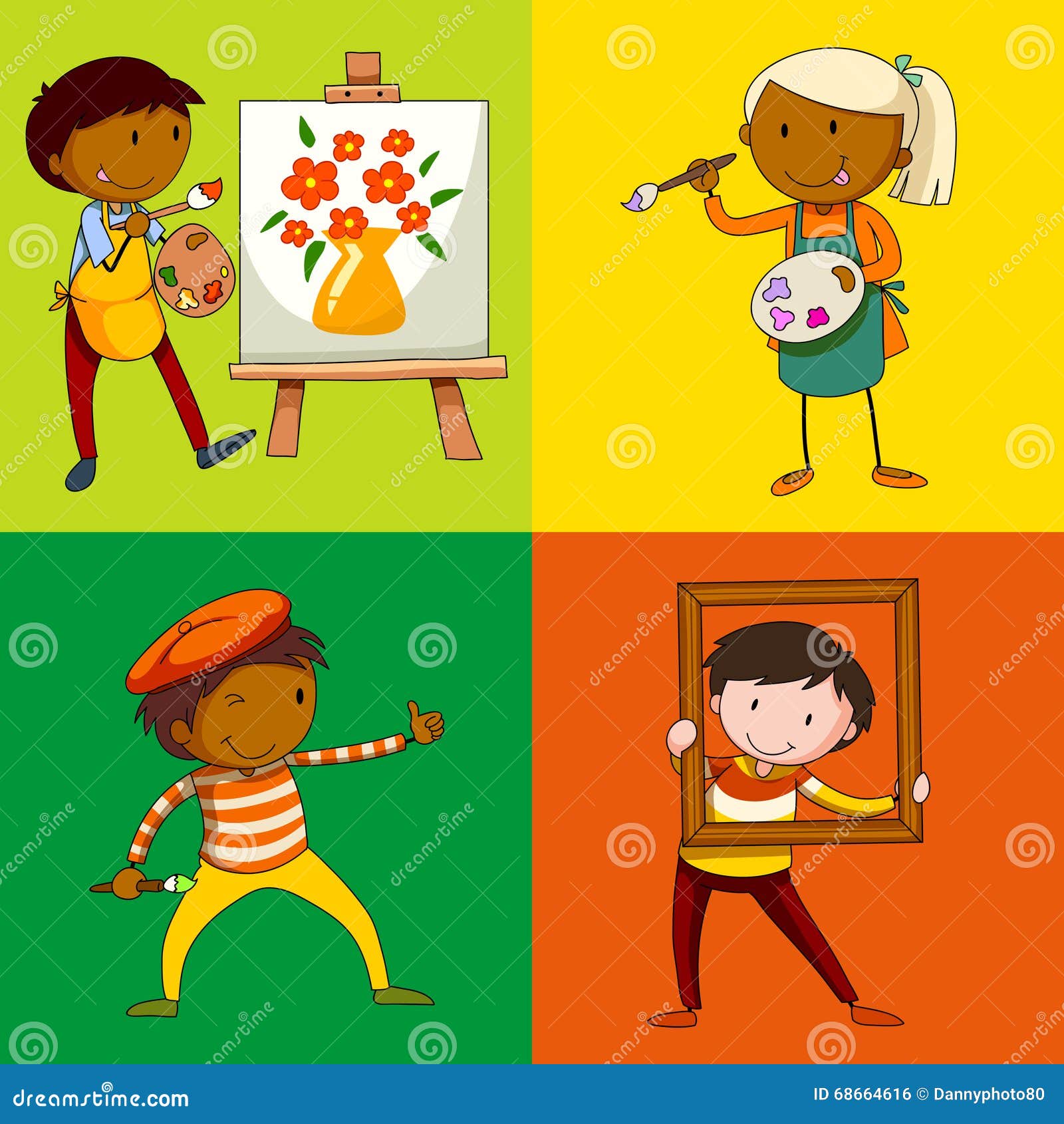 Vier En Kunstenaars Die Schilderen Kleuren Vector Illustratie ...