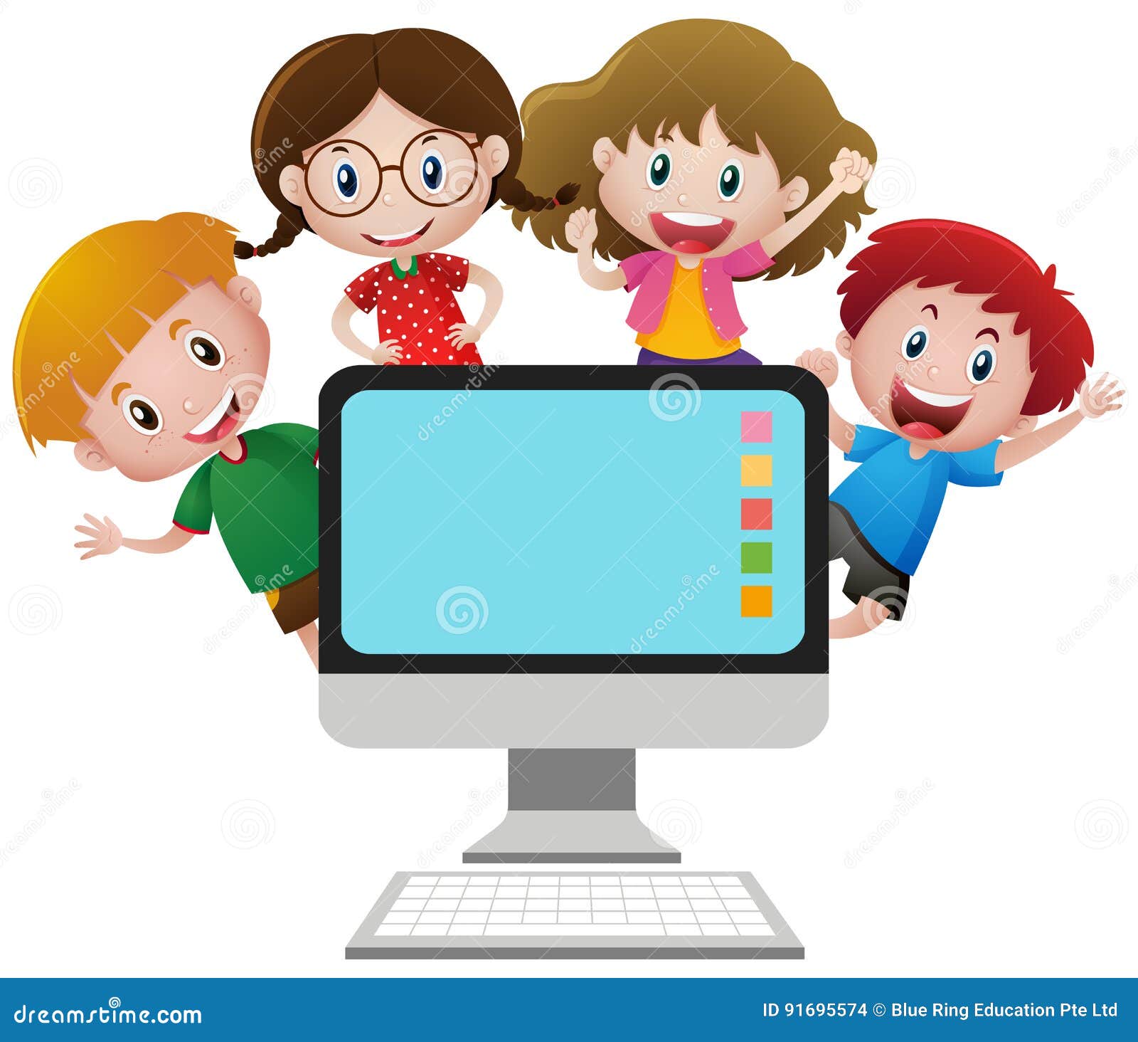 Vier Gelukkige Kinderen Achter Het Computerscherm Vector Illustratie ...