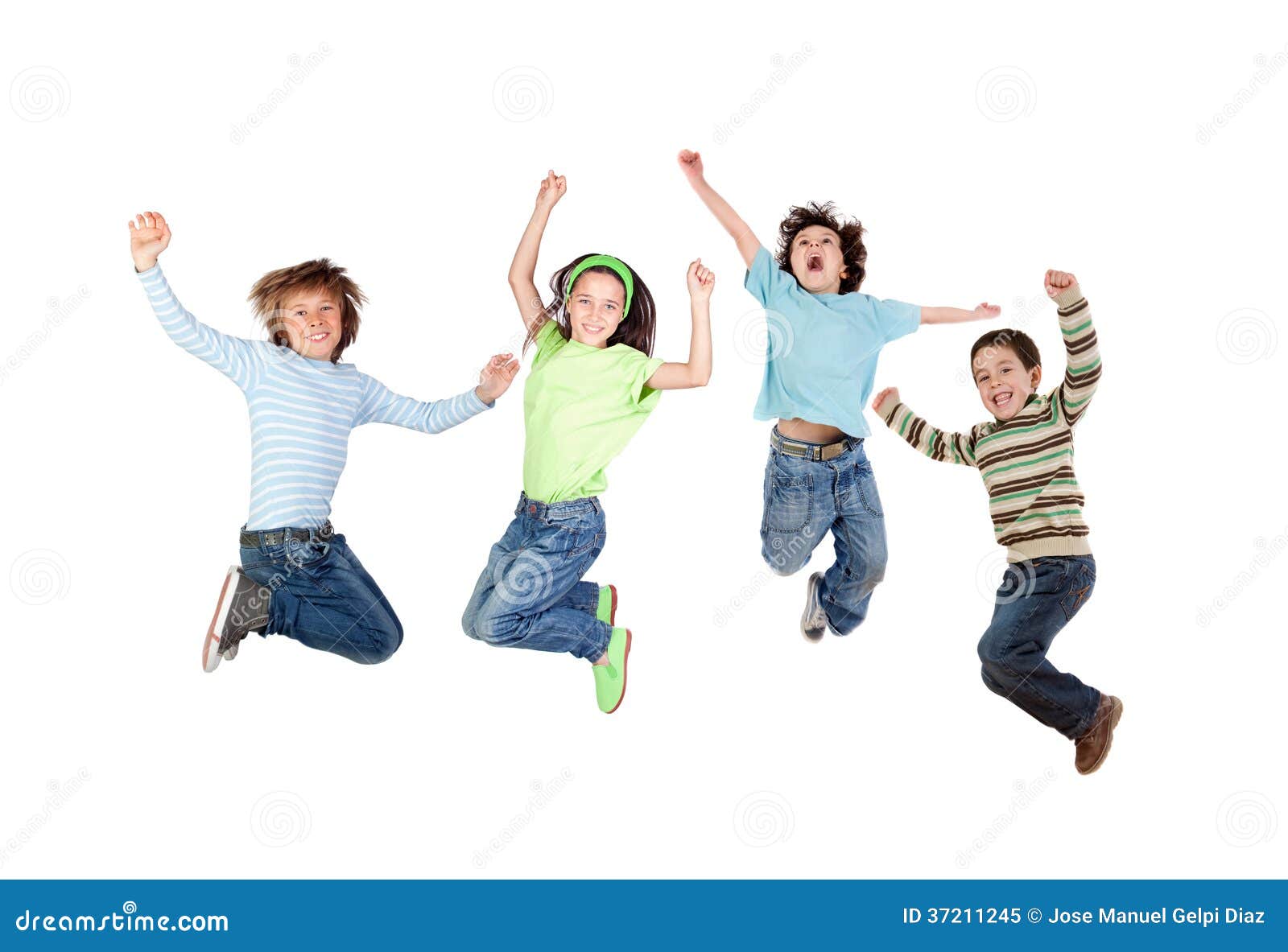 Vier Het Blije Kinderen Springen Stock Afbeelding - Image of ...