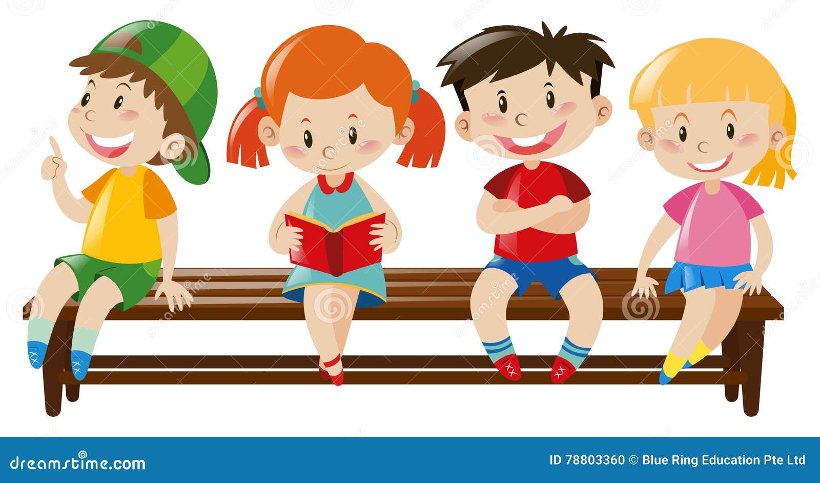 Vier Kinder, Die Auf Holzbank Sitzen Vektor Abbildung - Illustration ...