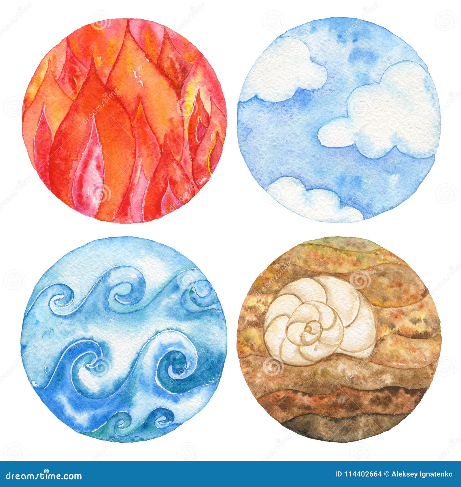 Vier Natürliche Elemente: Feuer, Wasser, Erde Und Luft Stock Abbildung ...