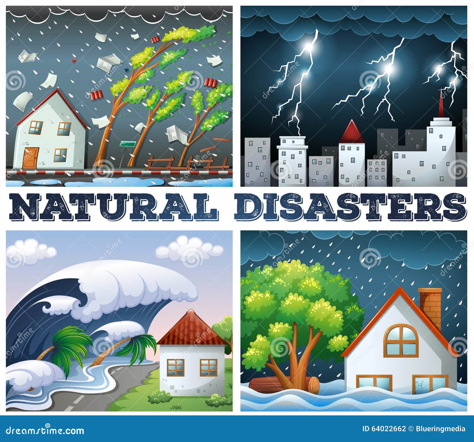 Vier Scènes Van Natuurrampen Vector Illustratie - Illustration of ...