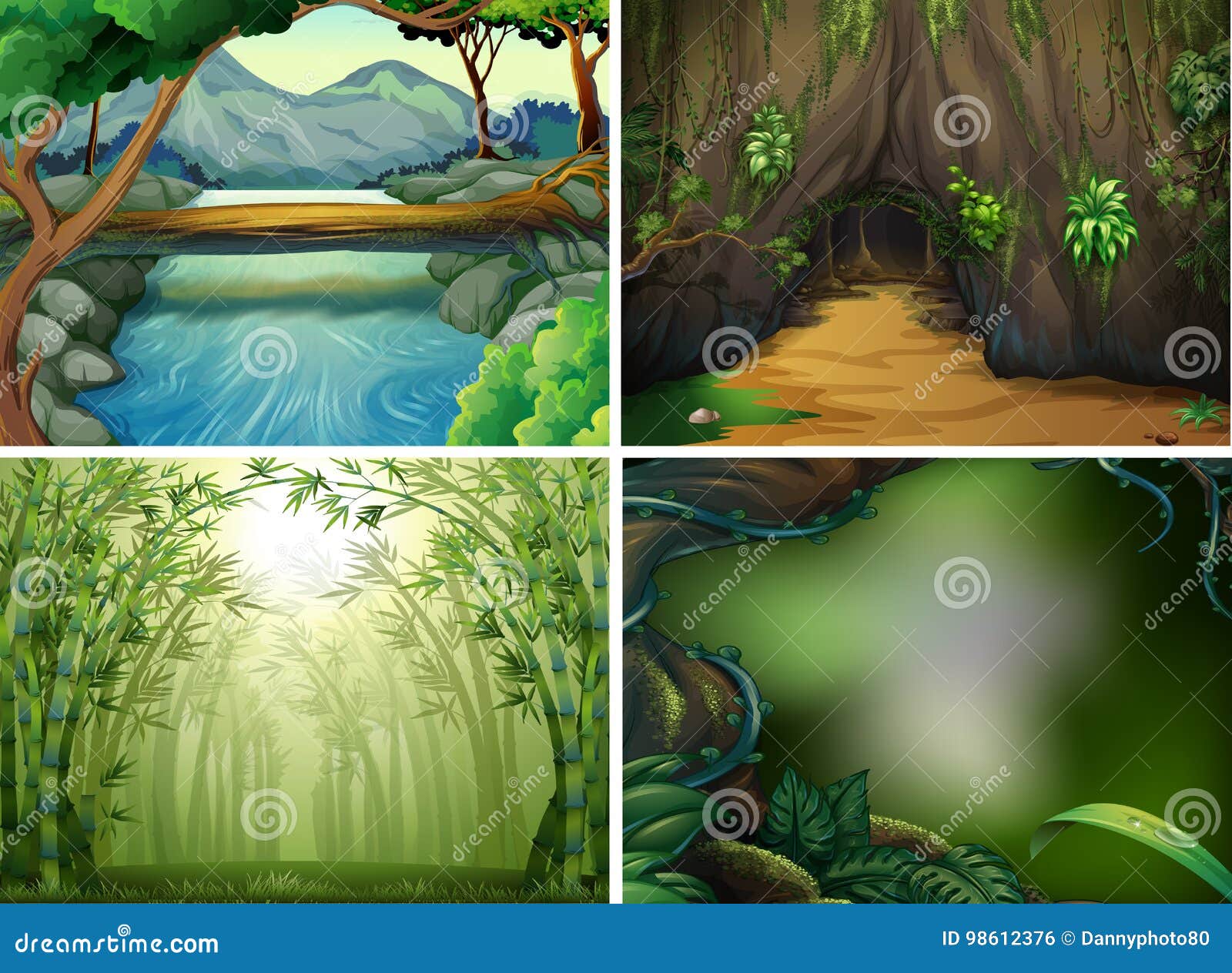 Vier Verschiedene Waldszenen Vektor Abbildung - Illustration von nebel ...