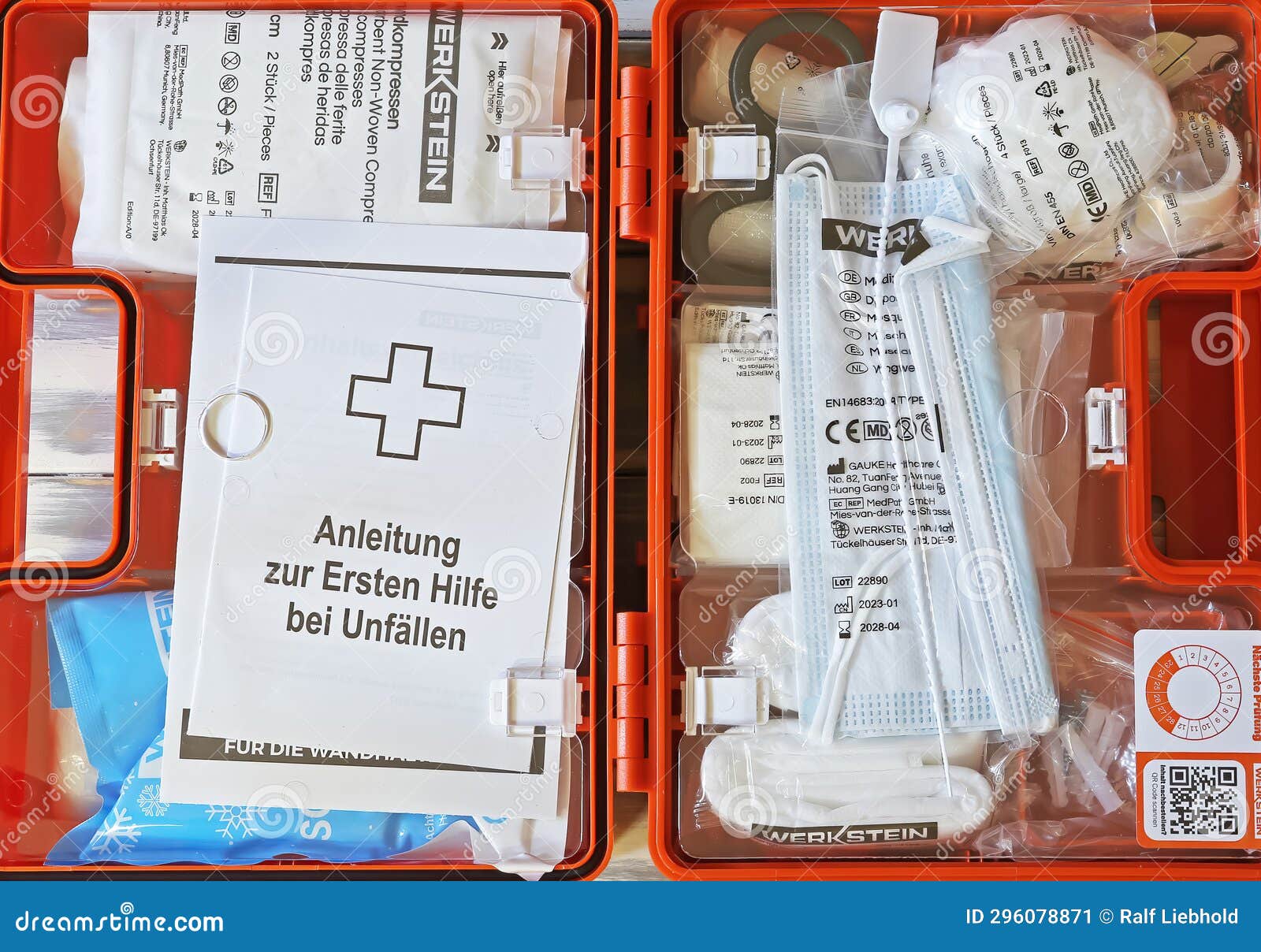 Closeup of Open First Aid Kit Case with Content According DIN 13157 ...