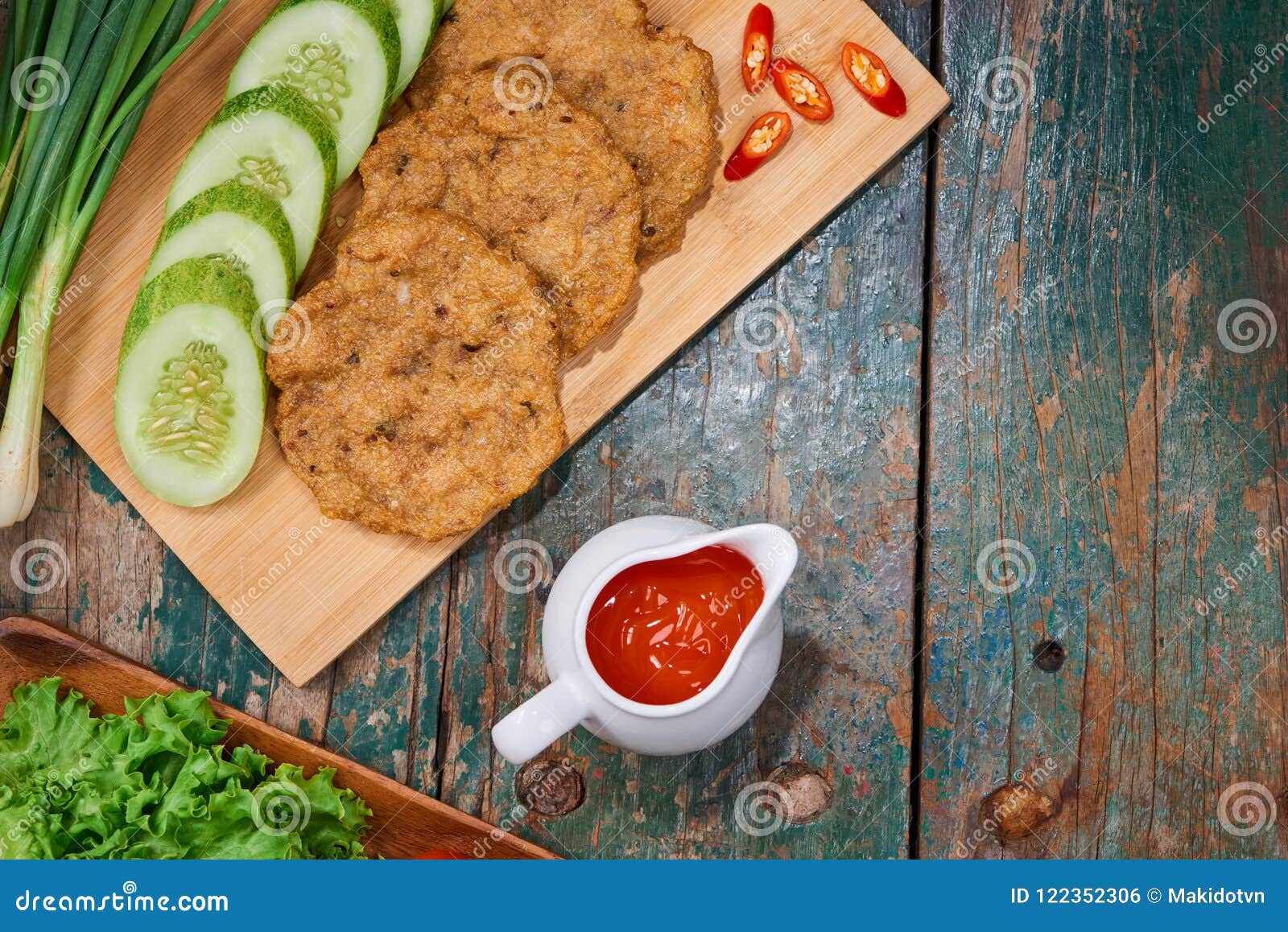 Vietnam Fried Fish Patty with Vegetable and Sauce. Stock Photo - Image ...