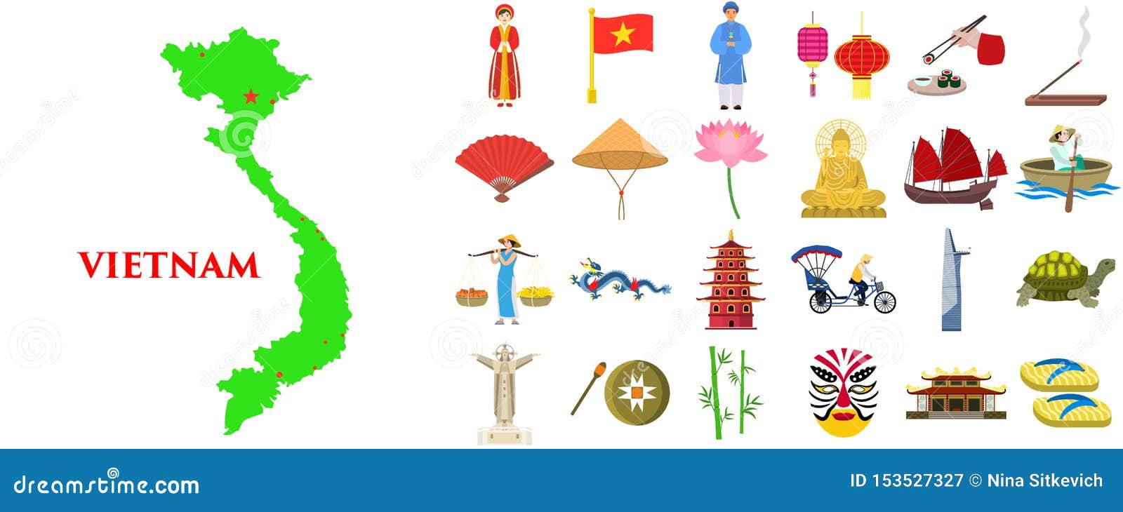 Vietnam Icons Set, Flat Style Stock Vector - Illustration of food, laos ...