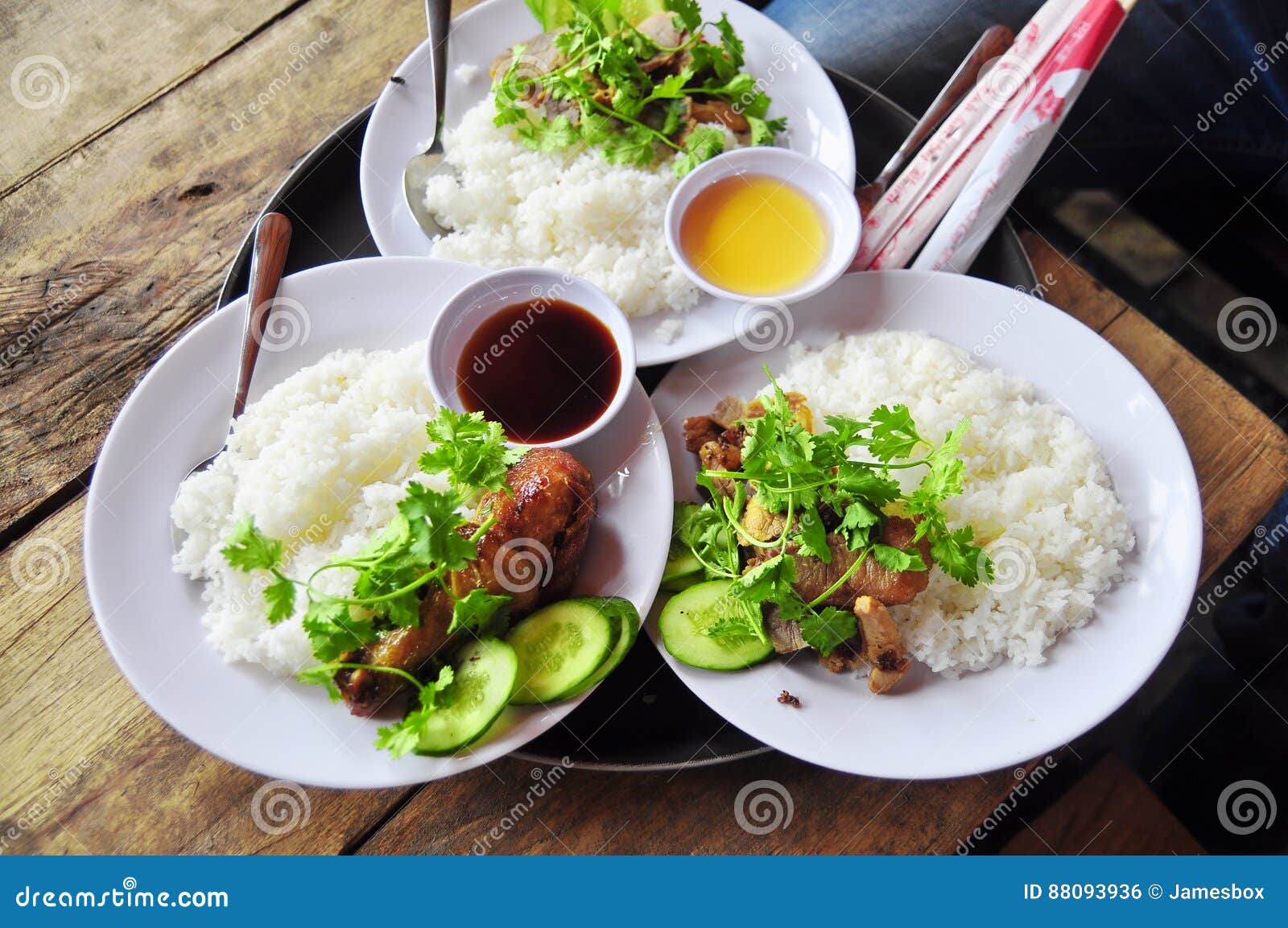 Vietnamese Broken Rice or Com Tam with Fried Chicken Legs, Pork Stock ...