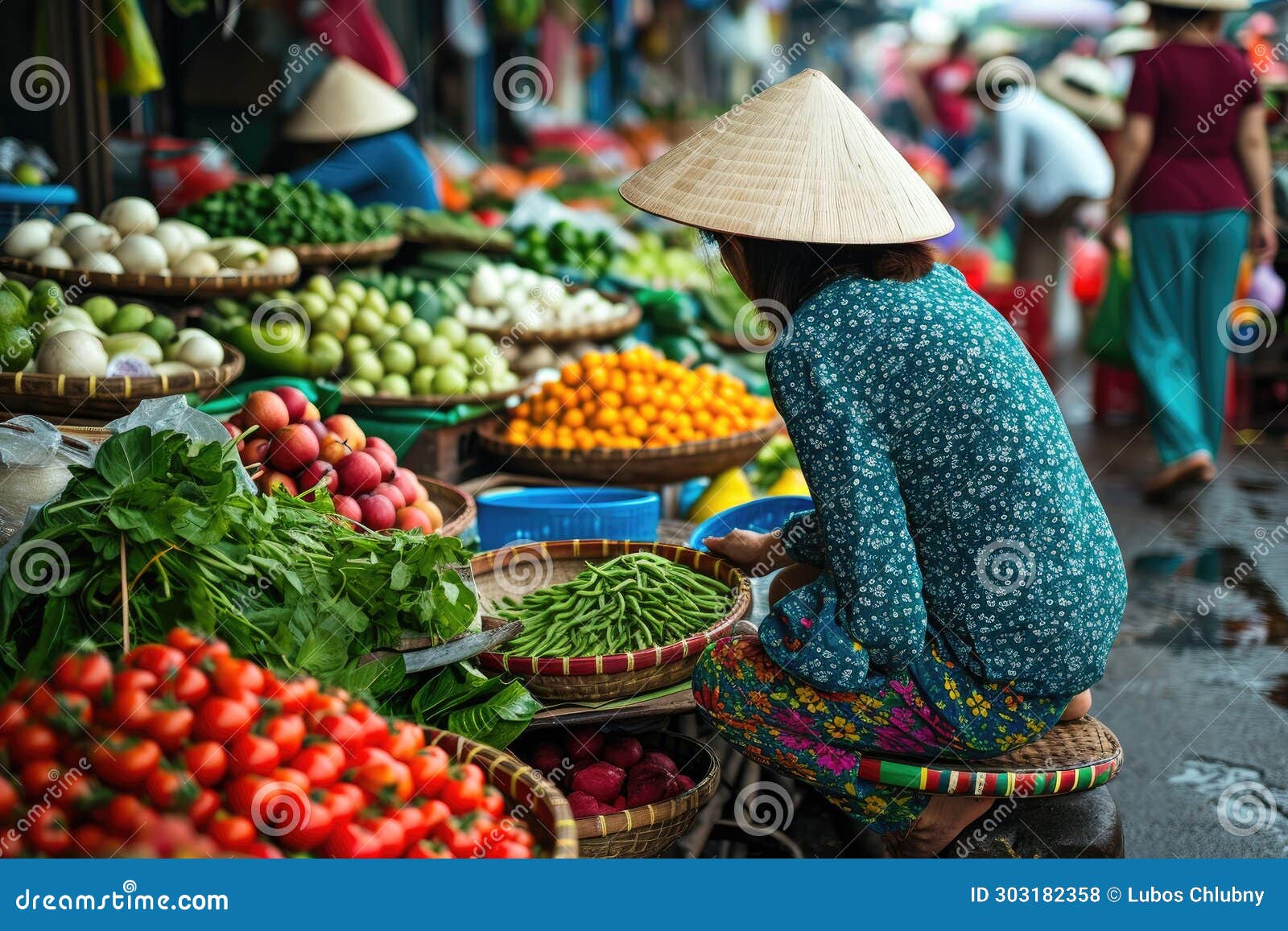 Vietnamese Fruit and Vegetable Market Stock Illustration - Illustration ...