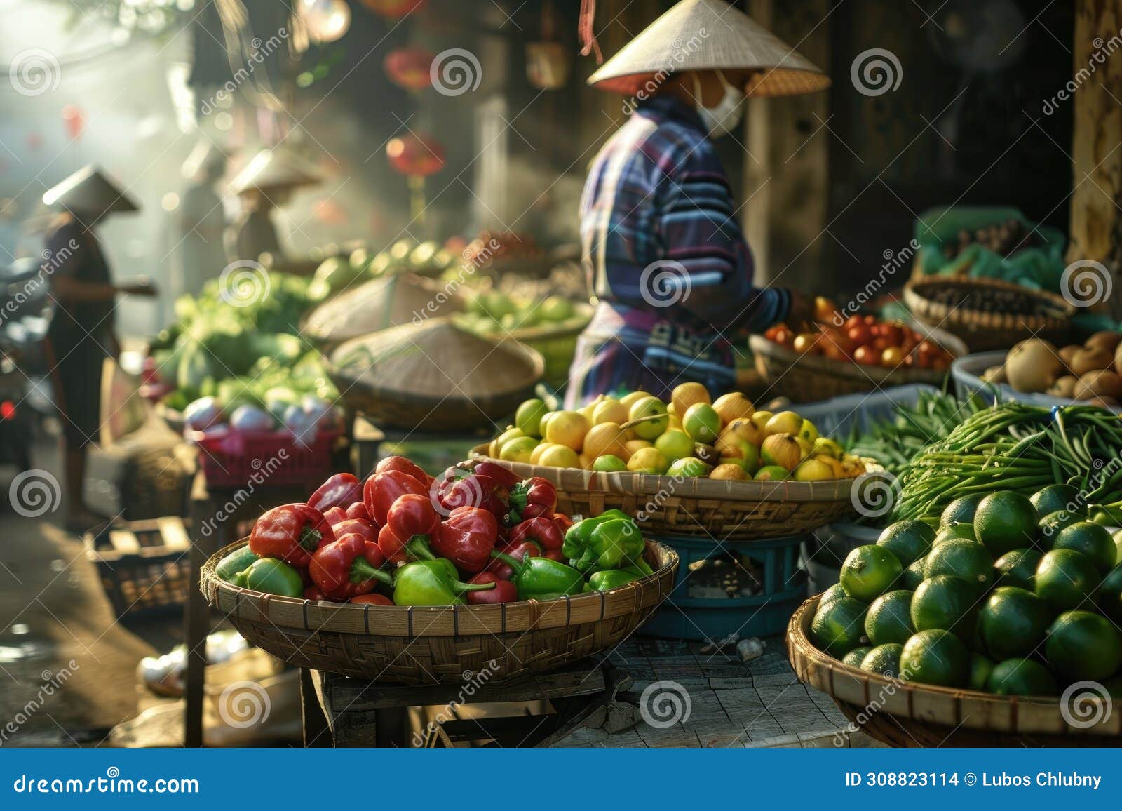 Vietnamese Fruit and Vegetable Market Stock Illustration - Illustration ...