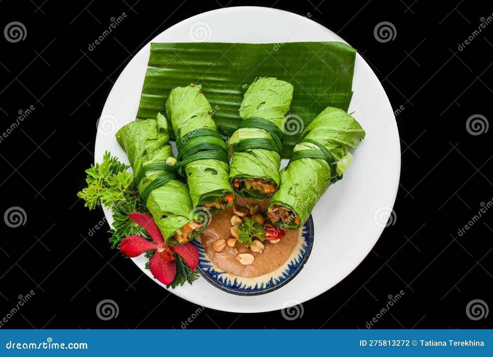 Vietnamese Green Nem Spring Rolls in Leaf with Sauce Stock Photo ...