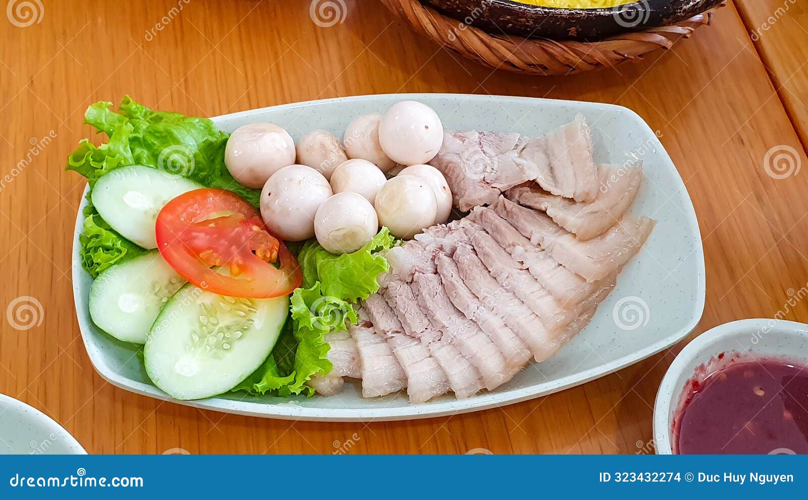 Vietnamese Meal with Pork Slices Boiled, Vegetables and Shrimp Paste ...