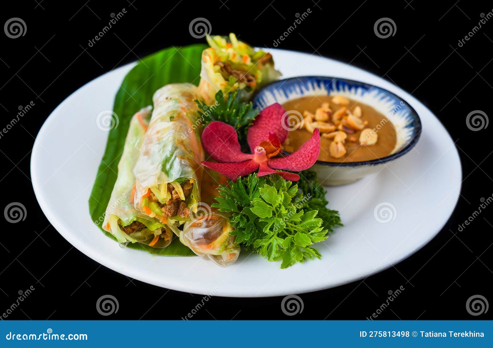 Vietnamese Nem Spring Rolls in Leaf with Sauce Stock Photo - Image of ...