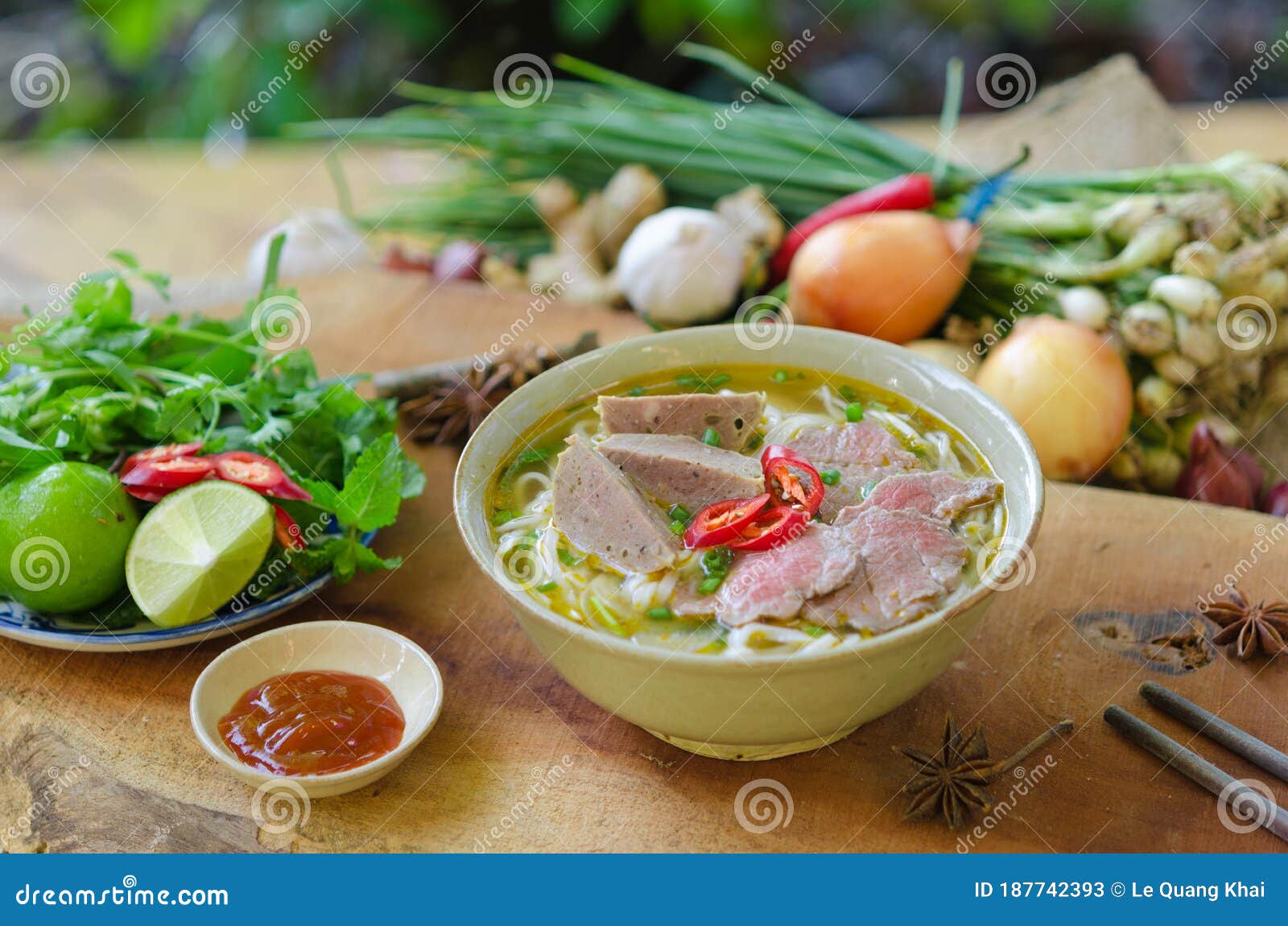 Vietnamese Pho Soup with Beef, Meatball, Fresh Vegetable Stock Image ...
