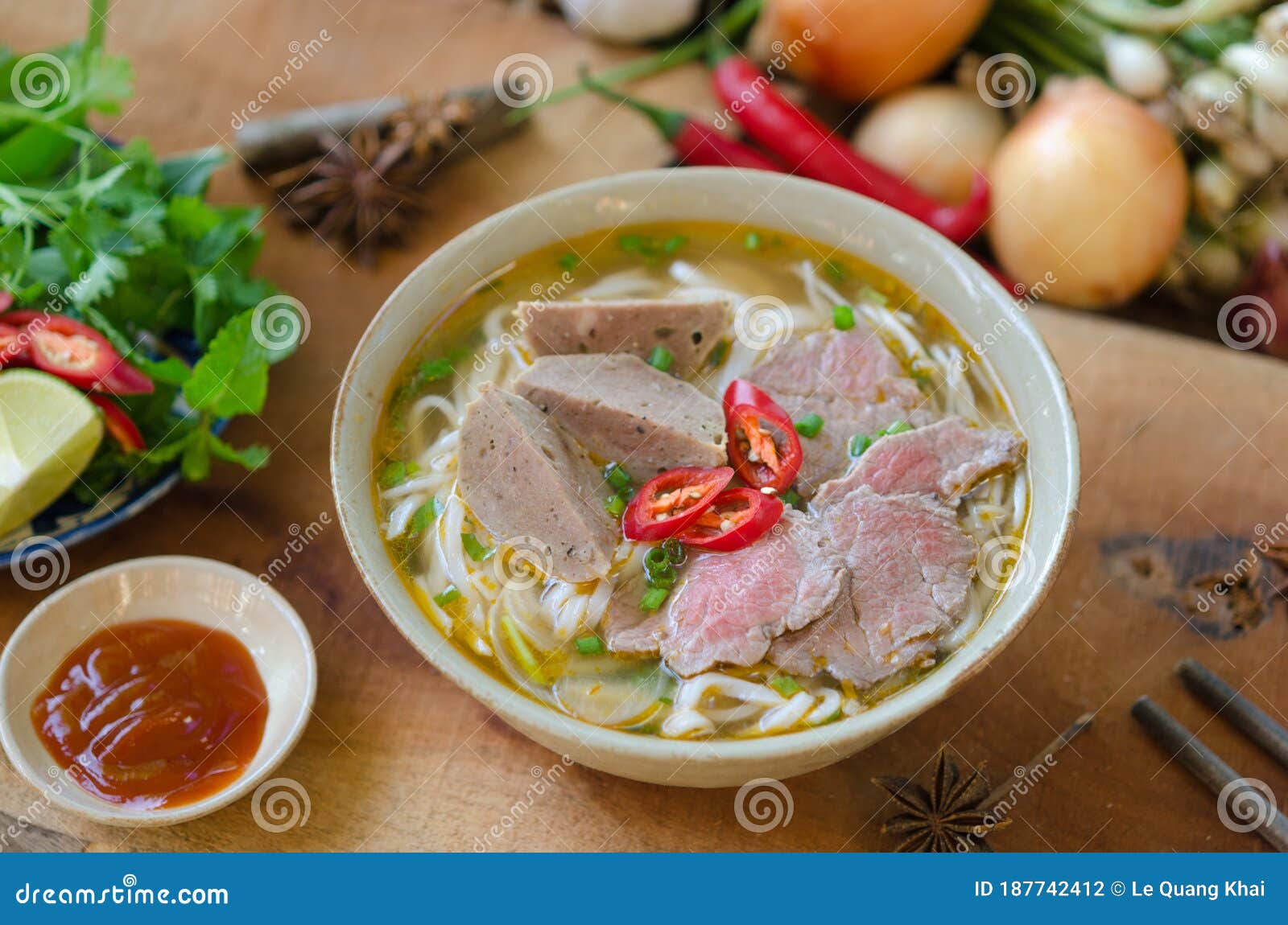 Vietnamese Pho Soup with Beef, Meatball, Fresh Vegetable Stock Photo ...