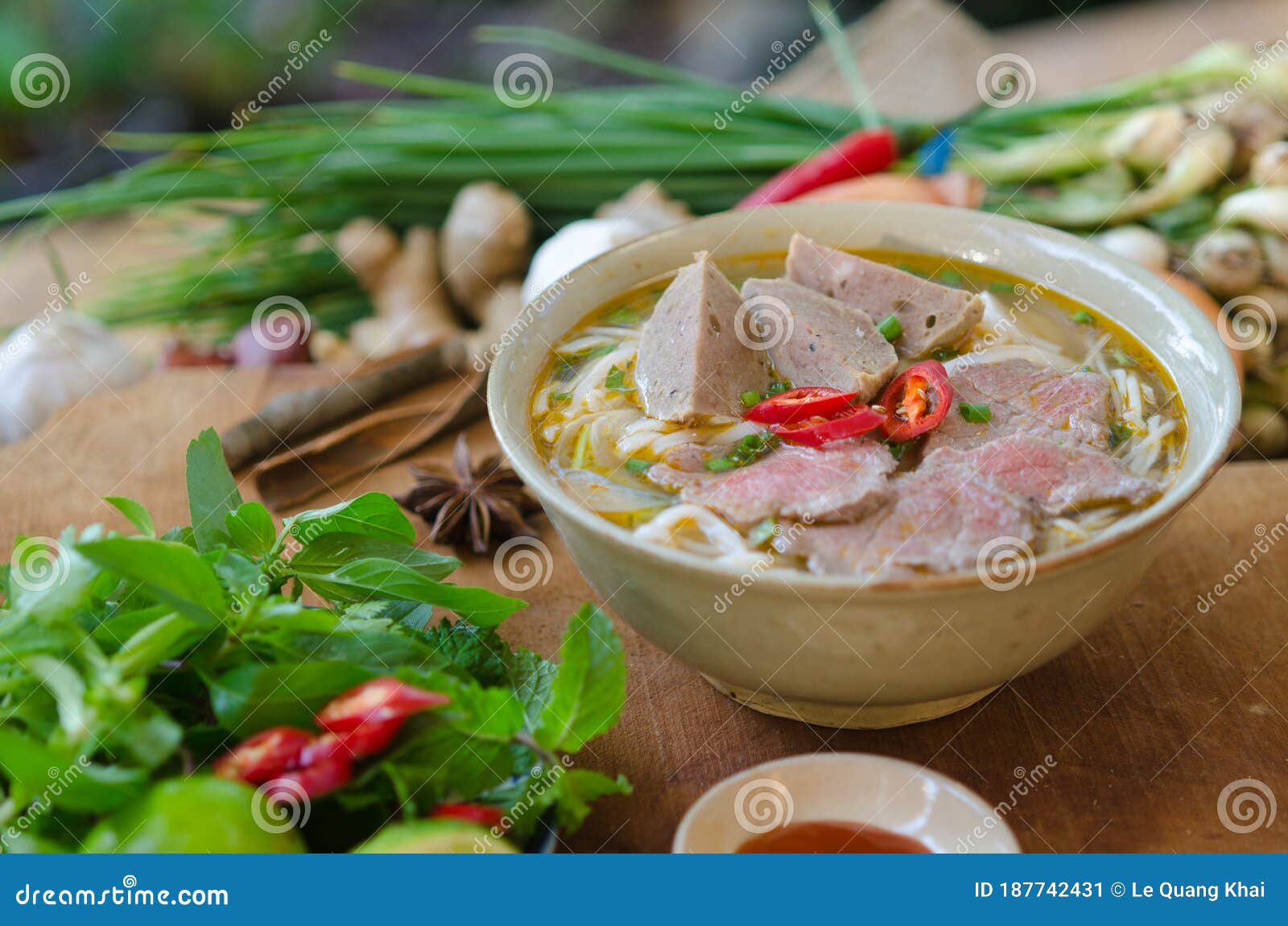 Vietnamese Pho Soup with Beef, Meatball, Fresh Vegetable Stock Image ...