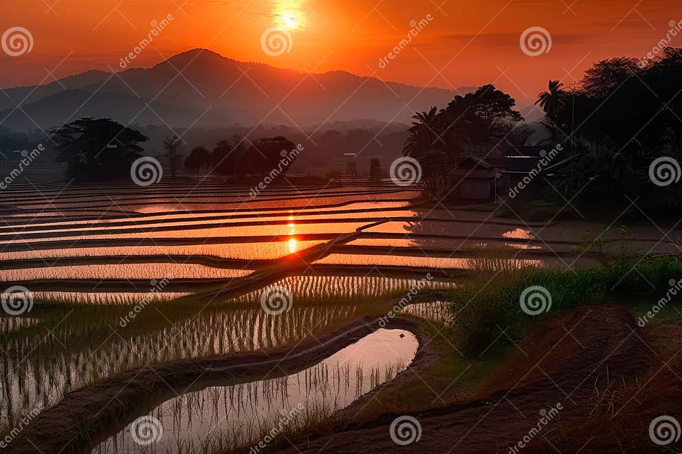 Vietnamese Terraced Rice Fields at Sunset. Generative AI. Stock ...