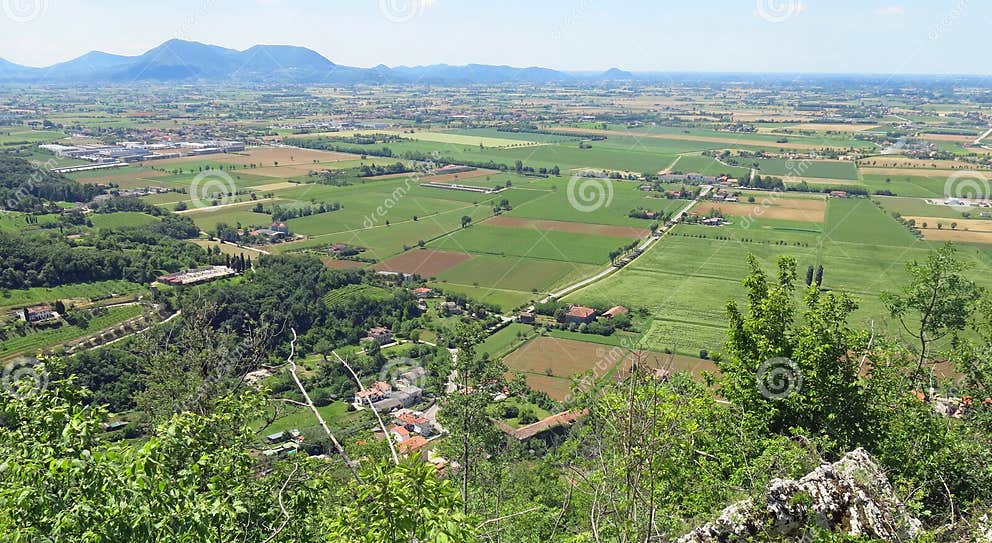 View from Above of the Cultivated Fields in the Plain with the ...