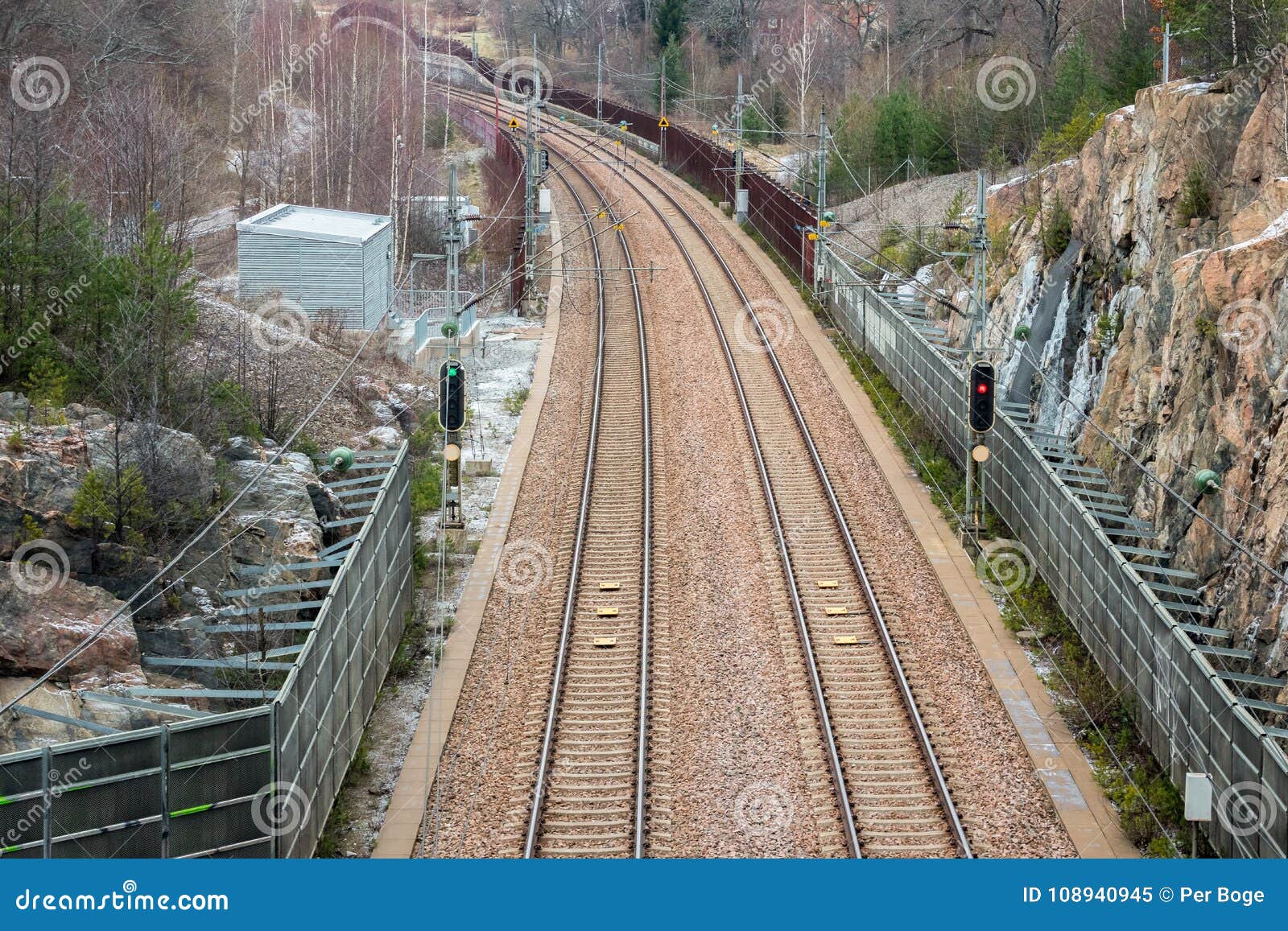 View from Above of Double Railroad Tracks in a Mountain and Forest ...
