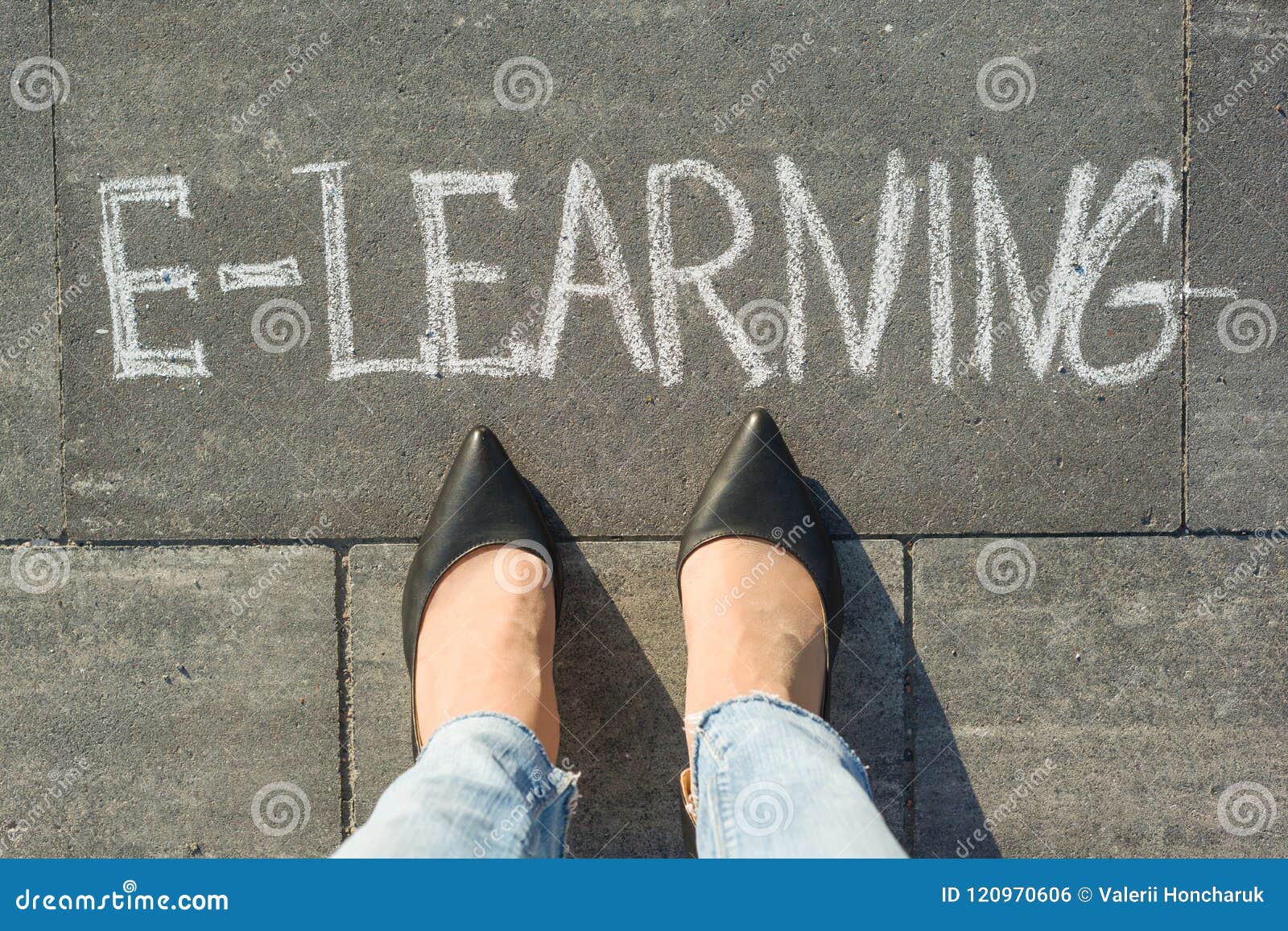 View from Above, Female Feet with Text E-learning Written on Grey ...