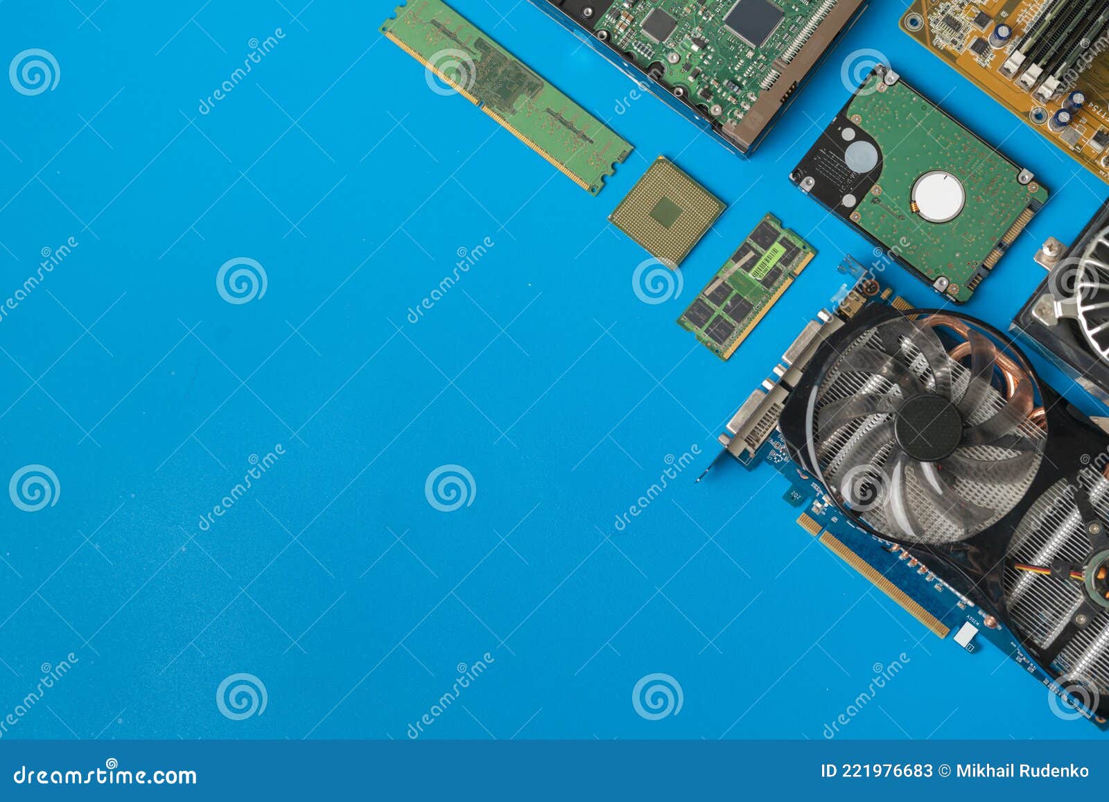 View from Above Flat Lay of Computer Components Details on the Colorful ...