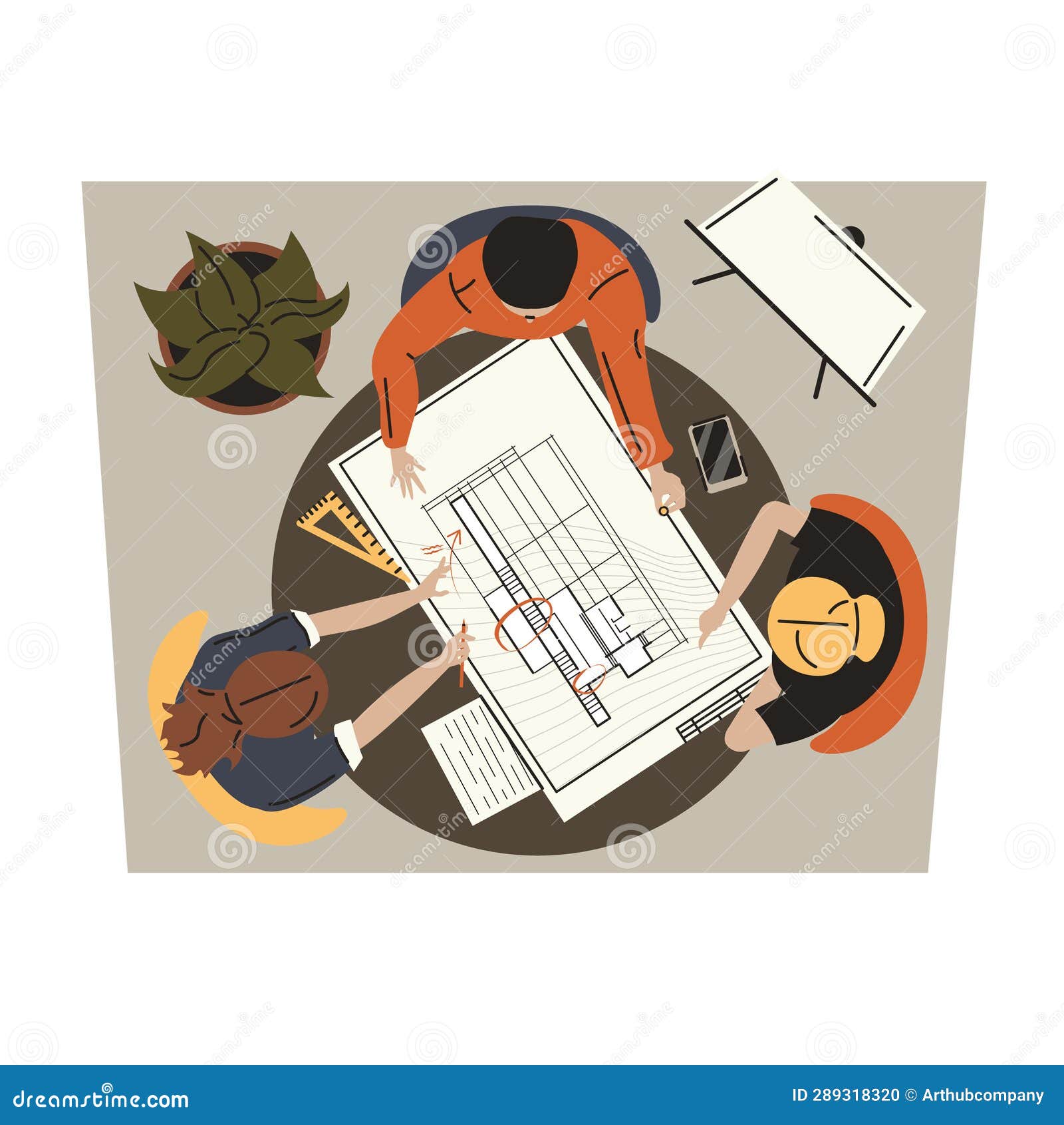 View from Above at Group of Architects Sitting at Round Table, Looking ...