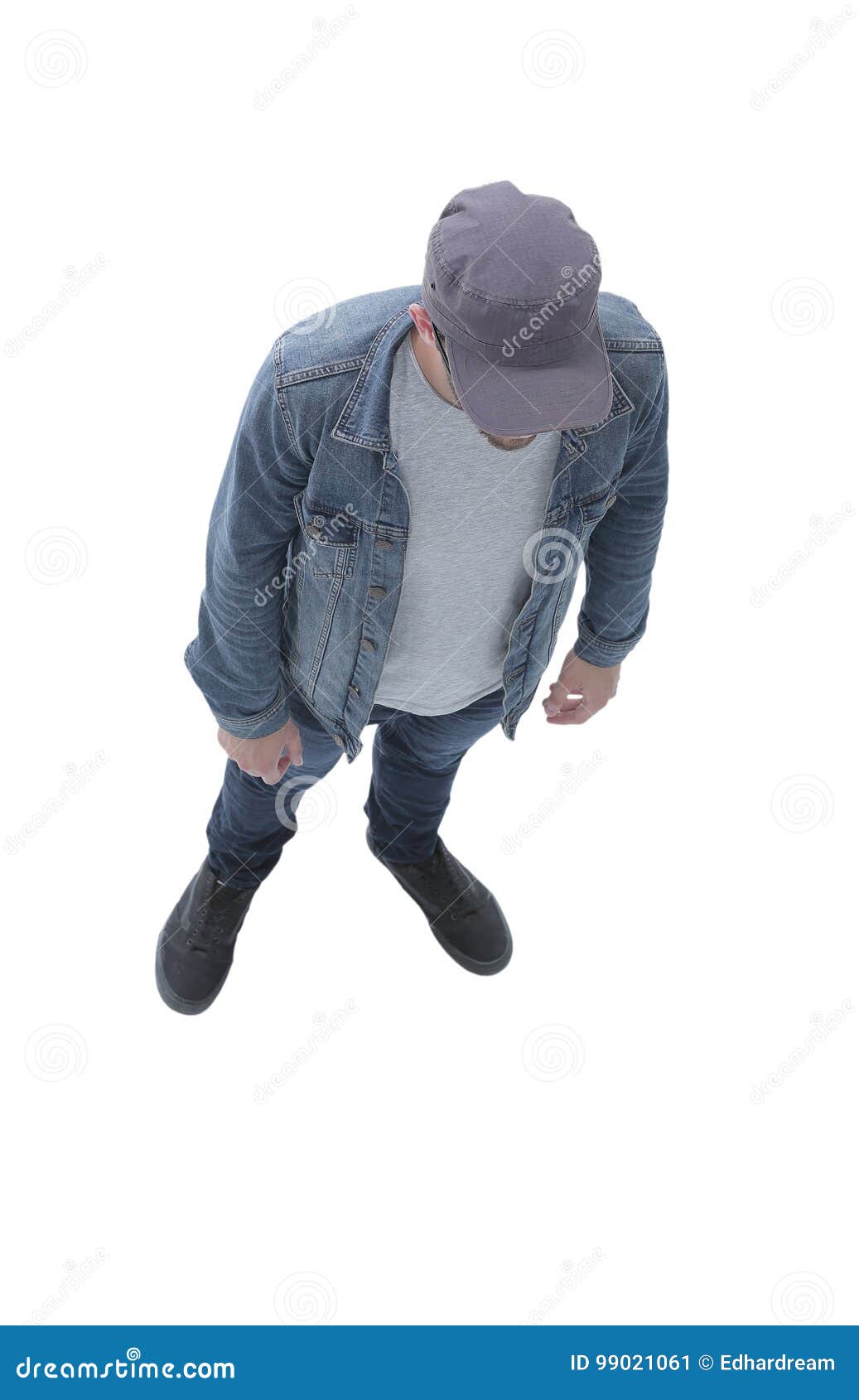 View from Above. Guy in a Baseball Cap and Denim Jacket Stock Image ...