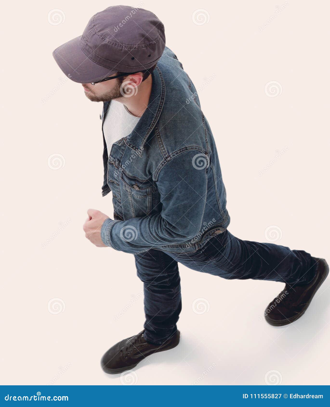 View from Above. Guy in a Baseball Cap and Denim Jacket Stock Image ...