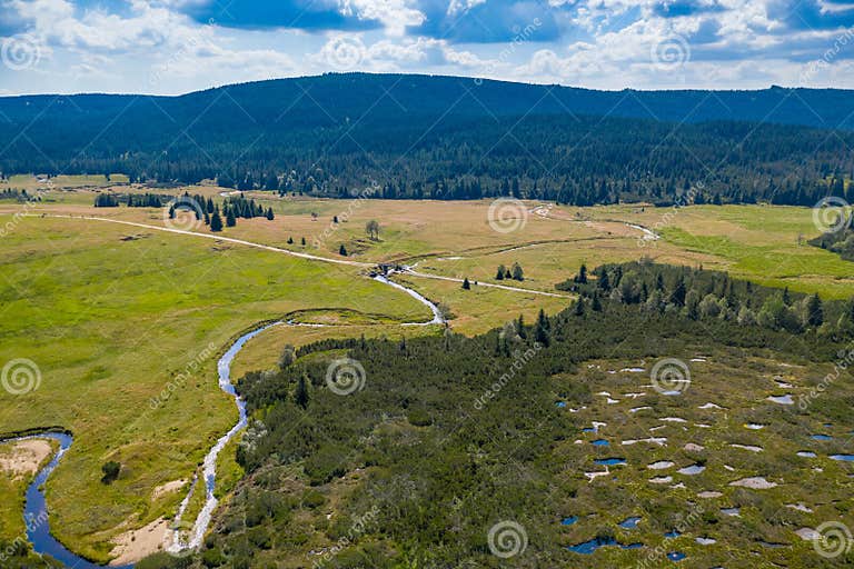 View from Above on Izera Stream and Path with a Small Bridge in the ...