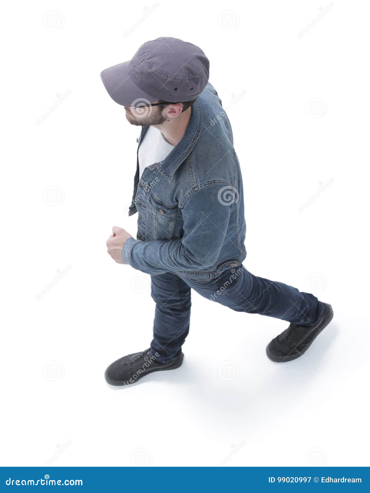 View from Above. Guy in a Baseball Cap and Denim Jacket Stock Image ...