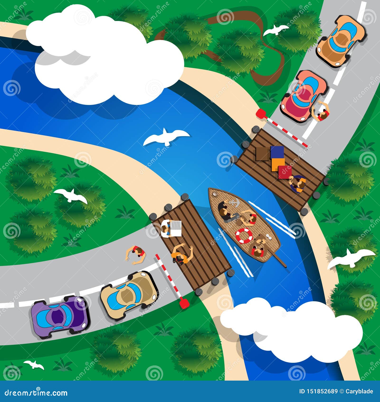 Ferry across the river. stock vector. Illustration of object - 151852689