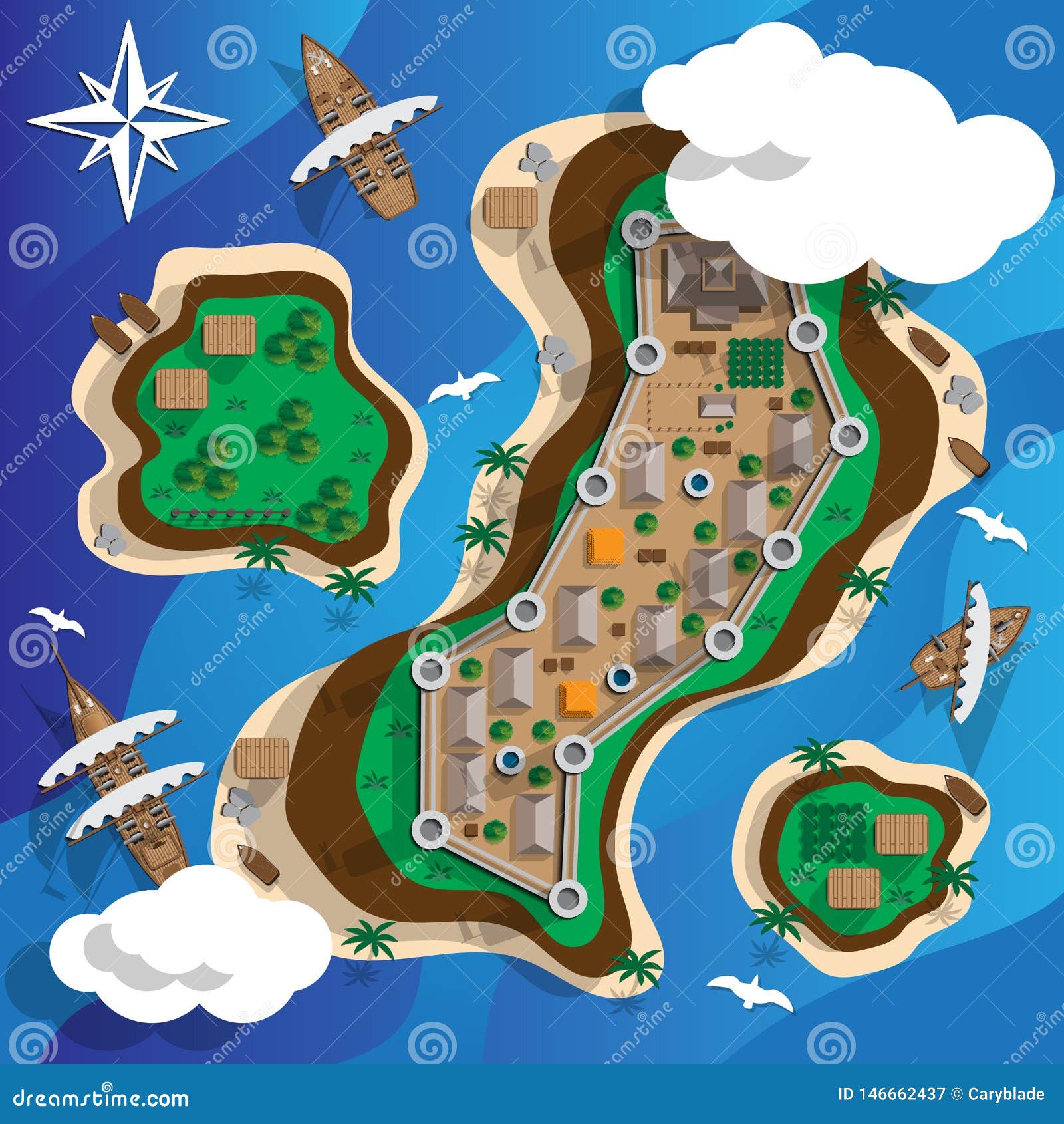 Map of the Island with a Castle and Ships. Stock Vector - Illustration ...