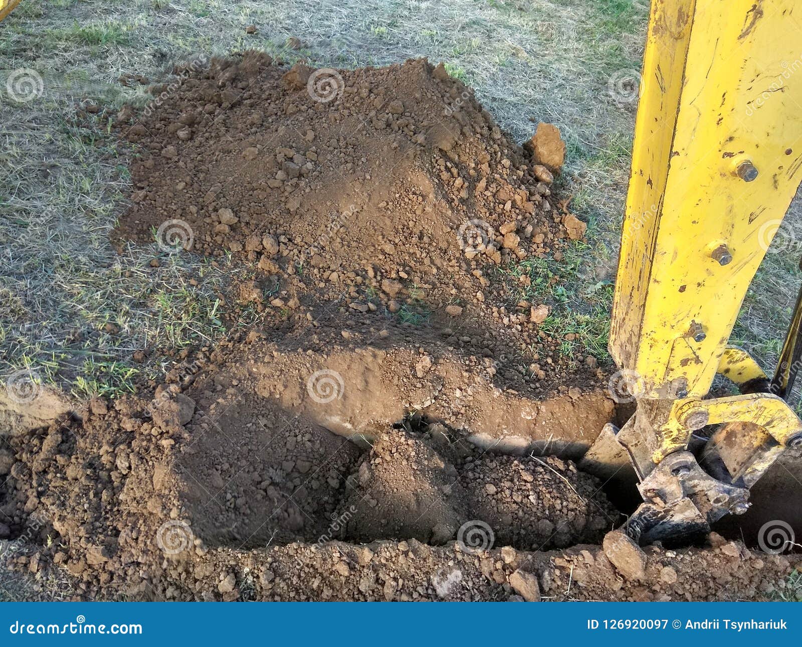 View from Above at Working Excavator Tractor Digging a Trench. Stock ...