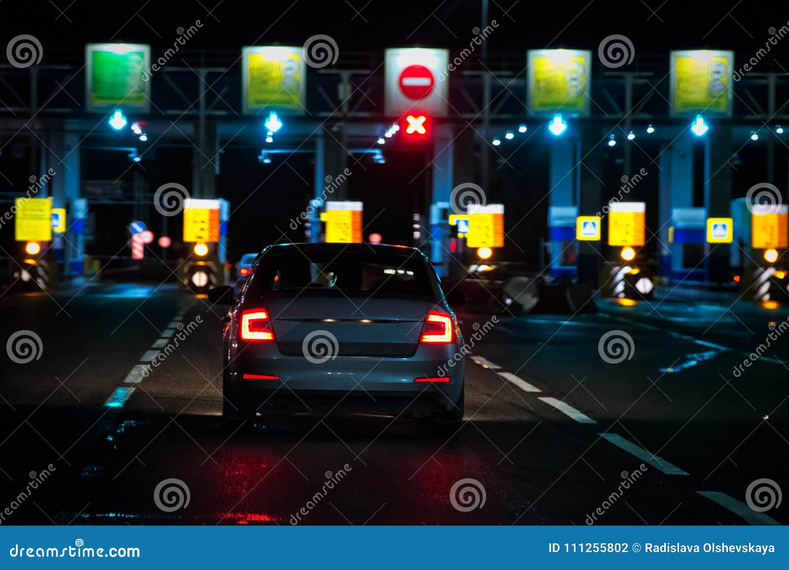 View on an Ahead Moving Car To a Checkpoint of Multi-lane Toll Motorway ...