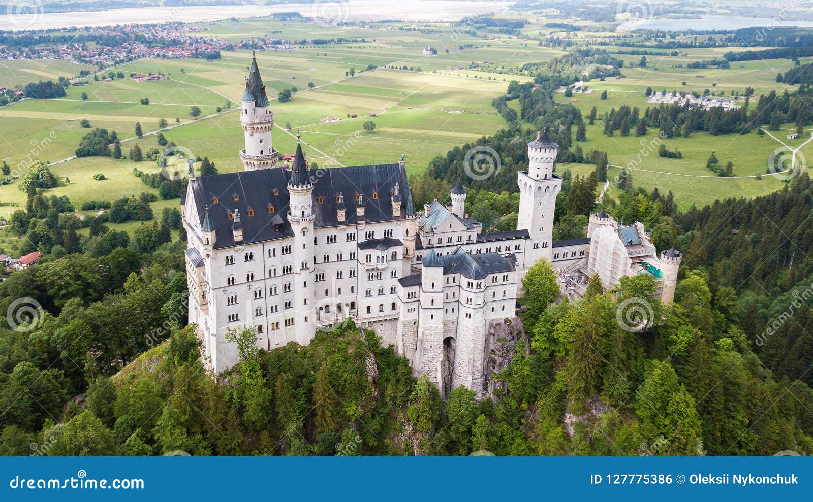 View from the Air To the Castle of Neuschwanstein Castle in the Alpine ...