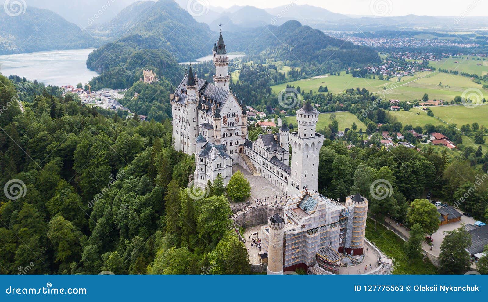 View from the Air To the Castle of Neuschwanstein Castle in the Alpine ...