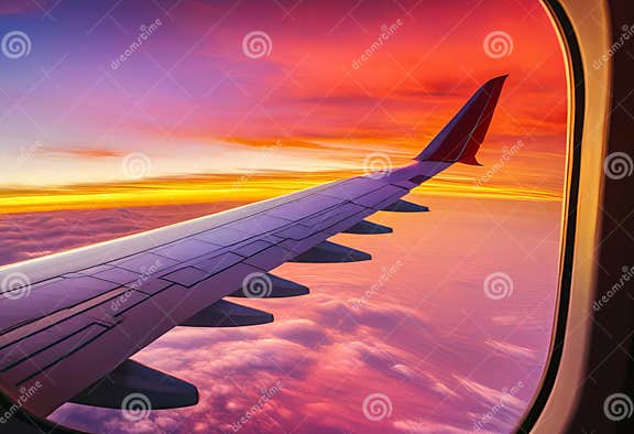 View from the Airplane Window at a Beautiful Sunset and the Airplane ...