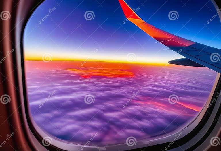 View from the Airplane Window at a Beautiful Sunset and the Airplane ...