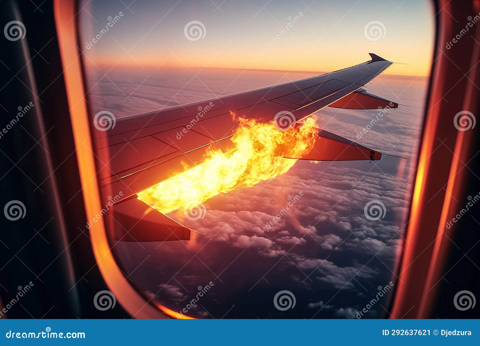 View from the Airplane Window of a Burning Airplane Engine during ...