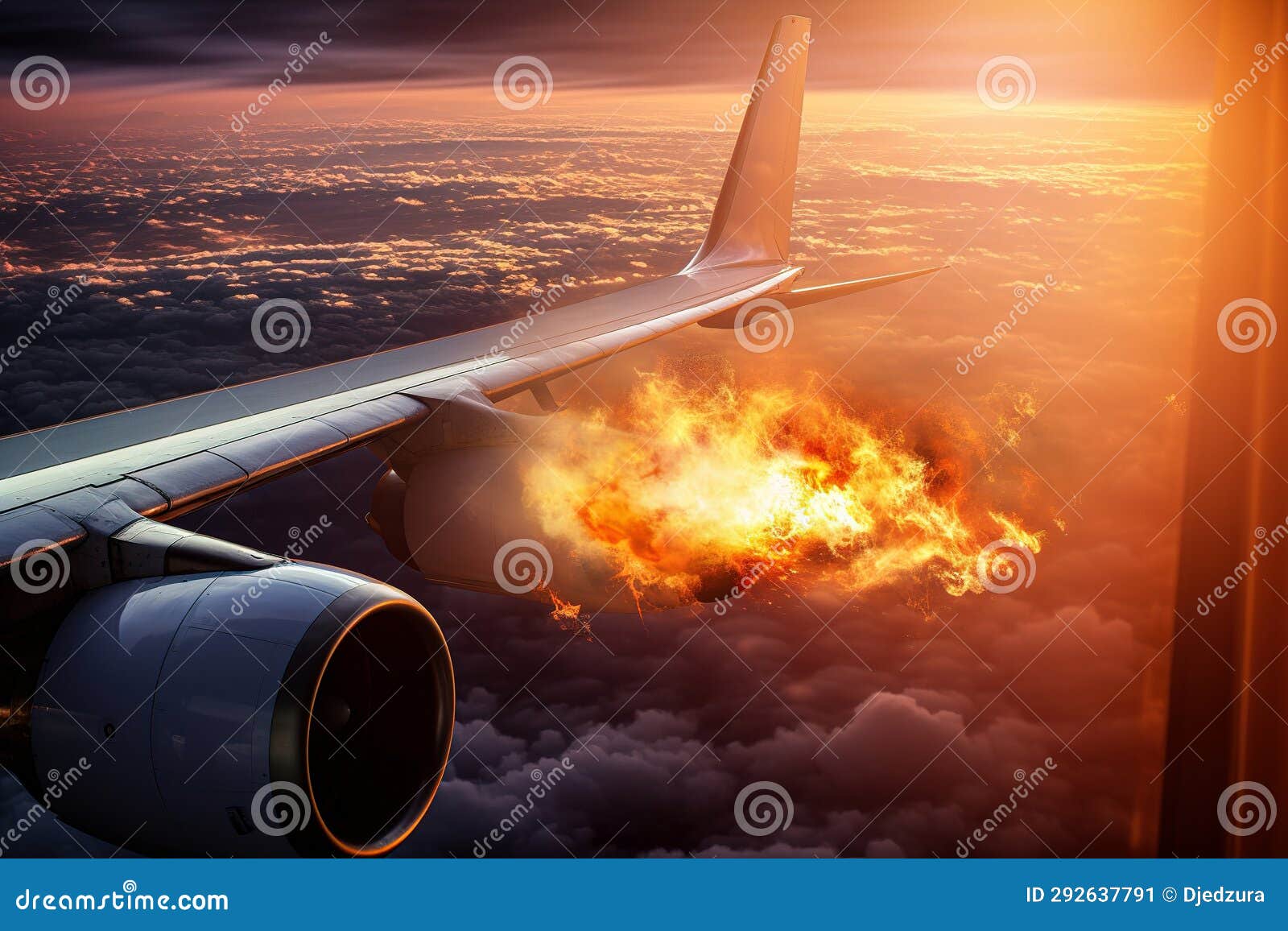 View from the Airplane Window of a Burning Airplane Engine during ...