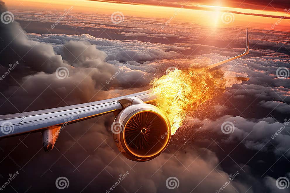View from the Airplane Window of a Burning Airplane Engine during ...
