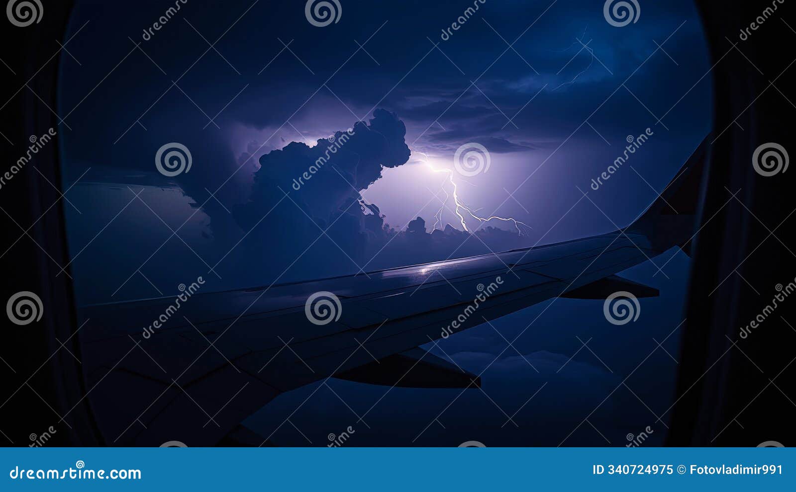 View from Airplane Window in Night Sky with Lightning in Thunderstorm ...