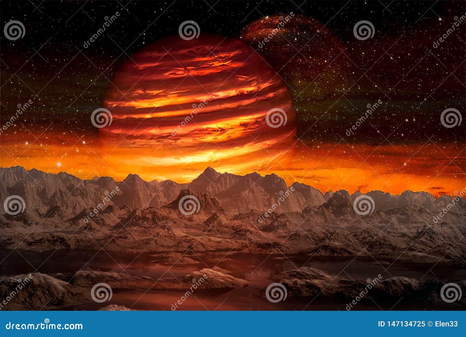 View of the Alien Planet from Space during Its Two Moons Rise. Stock ...