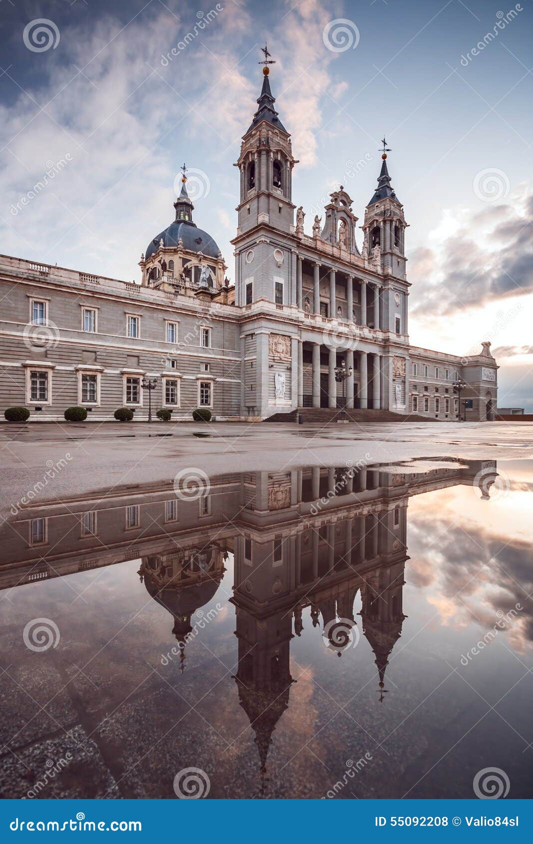View of the Almudena Cathedral in Madrid, Spain. Reflection on a ...